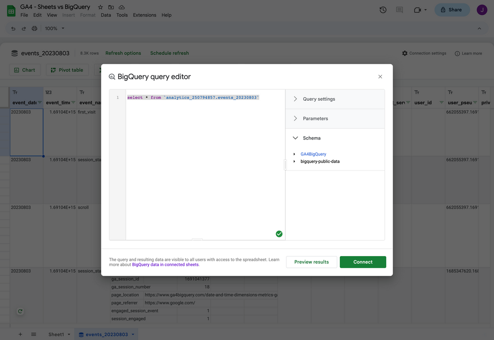 How to set up Google 'Connected' Sheets to access GA4 BigQuery export ...