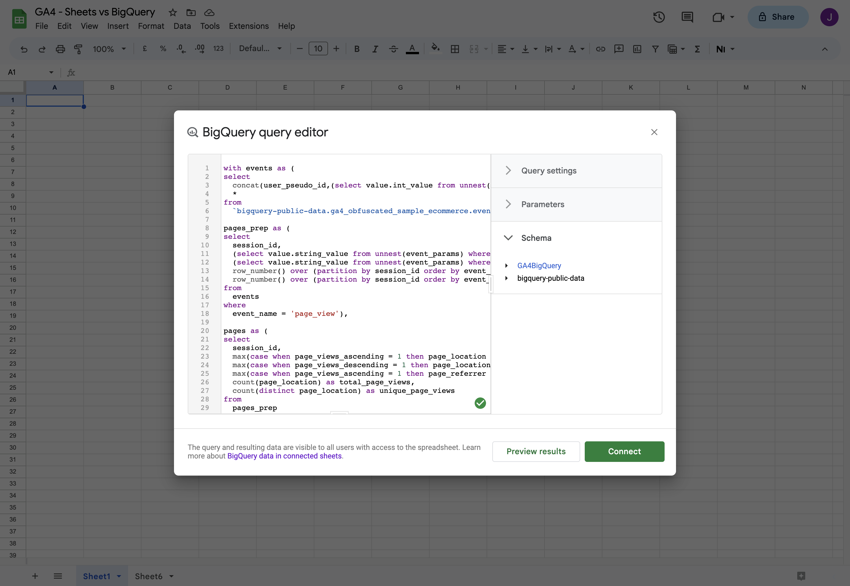 How to set up Google 'Connected' Sheets to access GA4 BigQuery export data without learning SQL