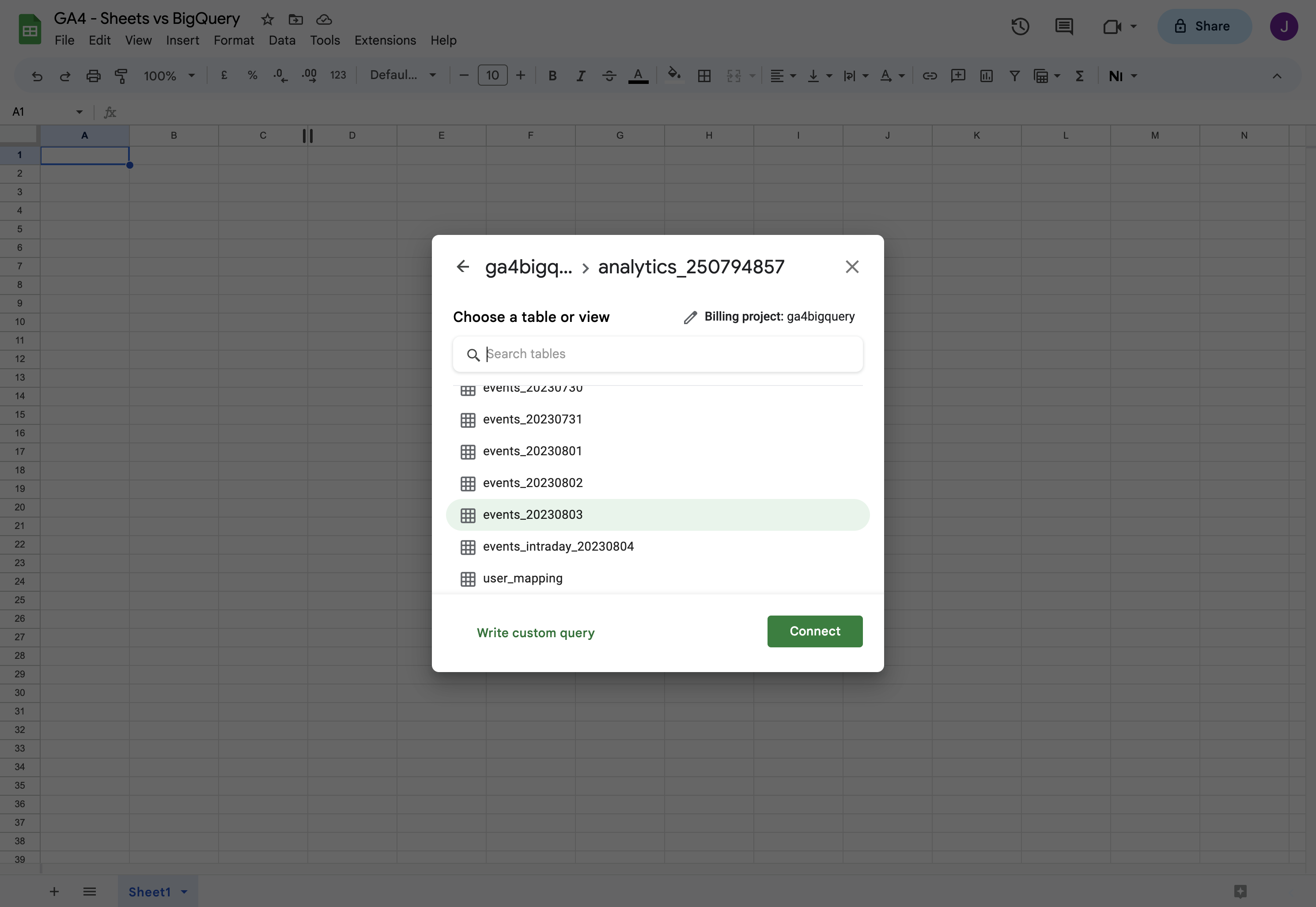 How to set up Google 'Connected' Sheets to access GA4 BigQuery export ...